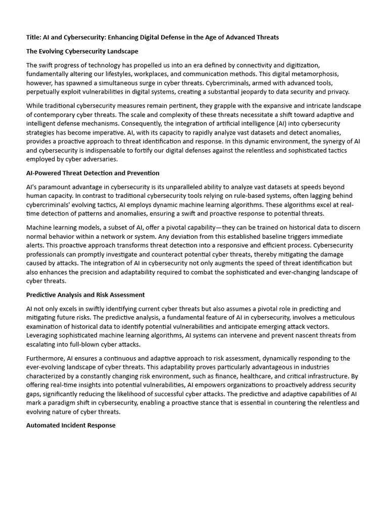 AI and Cybersecurity, Enhancing Digital Defense in The Age of Advanced ...
