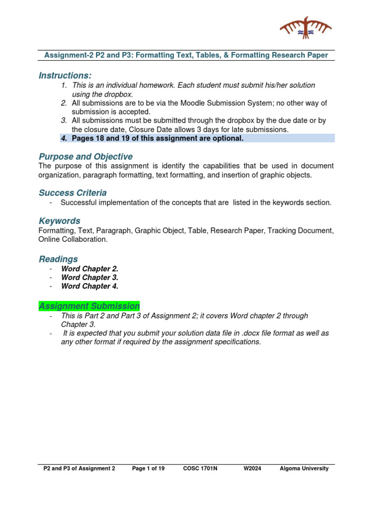 Assignment 2 P2 - COSC 1701N Computer Applications, Winter2024v5 | PDF | Note (Typography ...