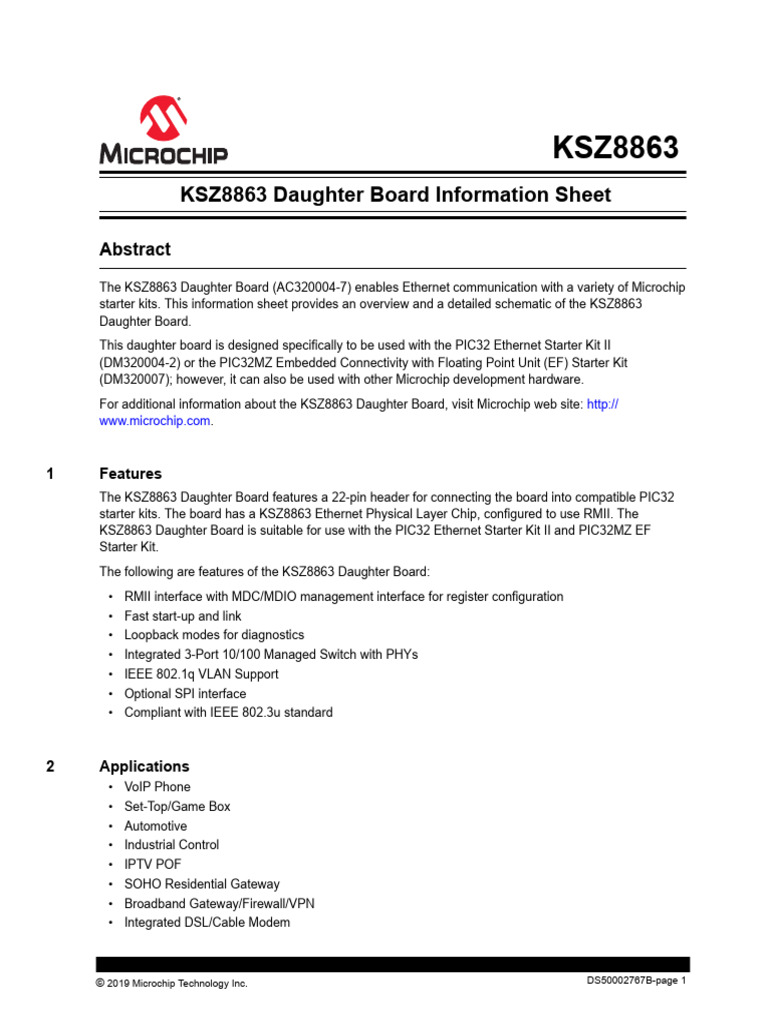 KSZ8863 Daughter Board Information Sheet DS5000276 1596938 | PDF ...