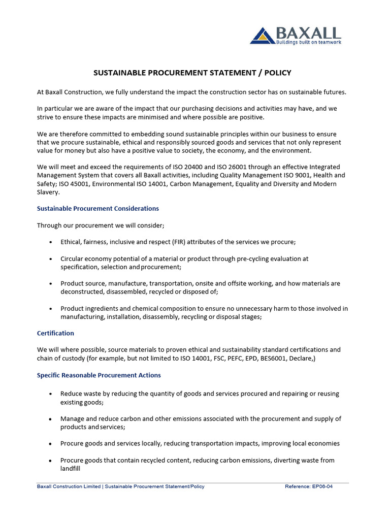 Baxall Sustainable Procurement Policy | PDF | Sustainability | Procurement