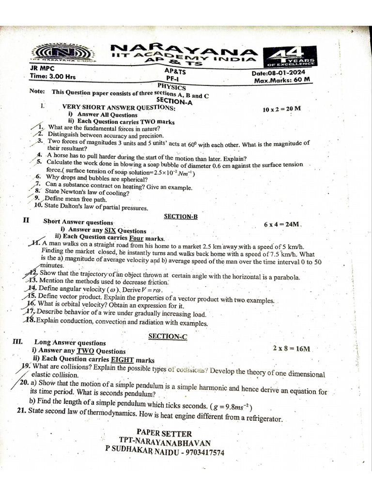 Narayana Pre final 1 2024 | PDF