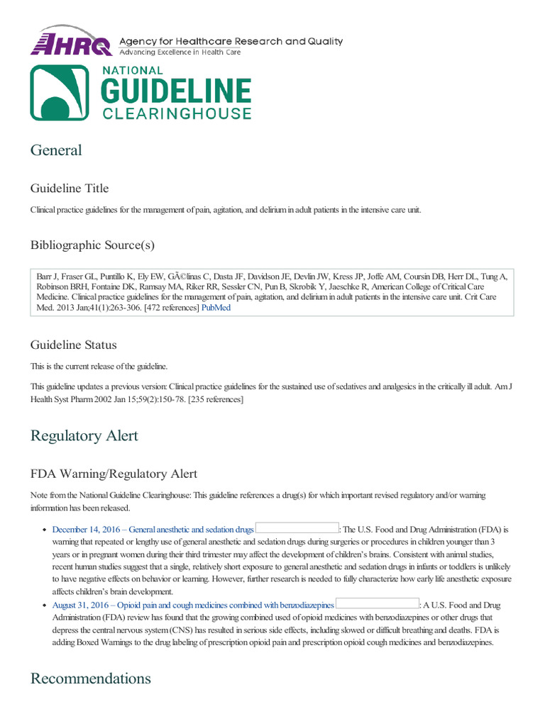Clinical Practice Guidelines For The Management of Pain, Agitation, and ...