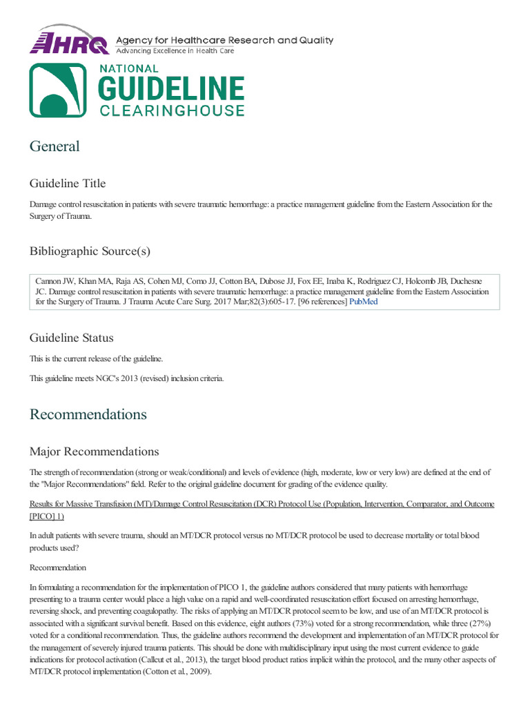Damage Control Resuscitation in Patients With Severe Traumatic ...