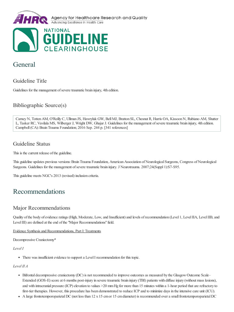 Severe TBI Management Guidelines 4th Ed. | PDF | Traumatic Brain Injury ...