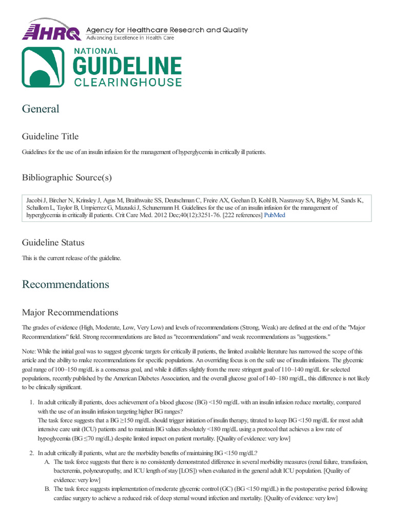 Guidelines For The Use Of An Insulin Infusion For The Management Of Hyperglycemia In Critically