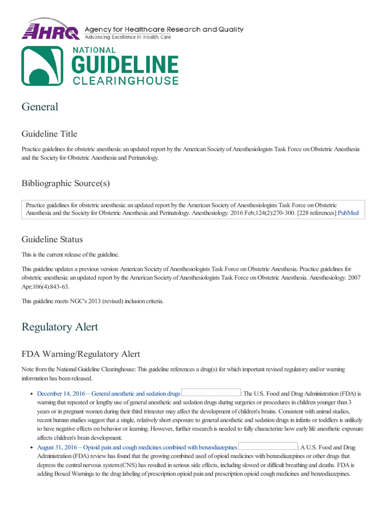 Practice Guidelines For Obstetric Anesthesia An Updated Report by The ...