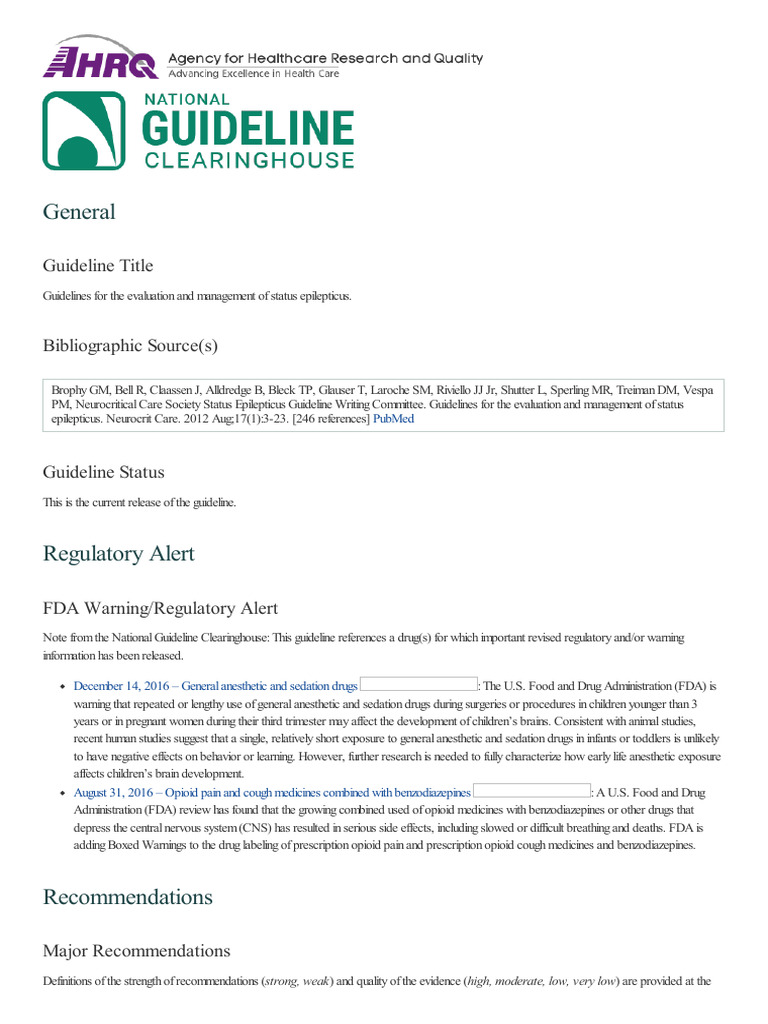Status Epilepticus Management Guidelines | PDF | Evidence Based ...