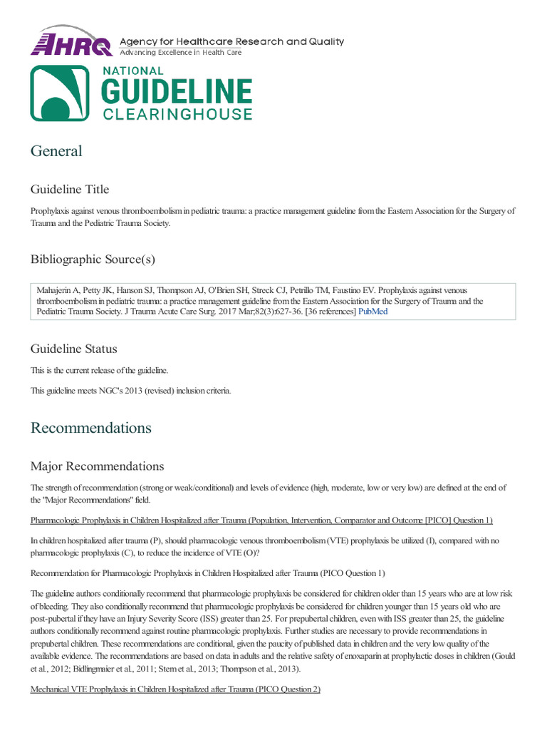 Prophylaxis Against Venous Thromboembolism in Pediatric Trauma A ...