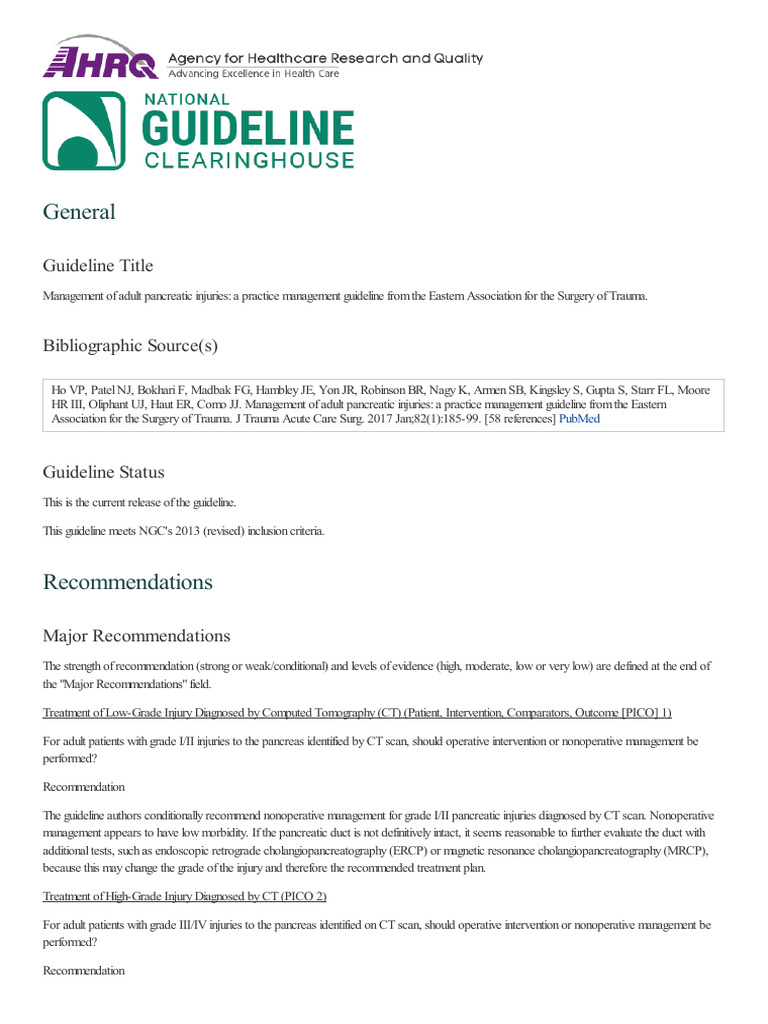 Management of Adult Pancreatic Injuries A Practice Management Guideline ...