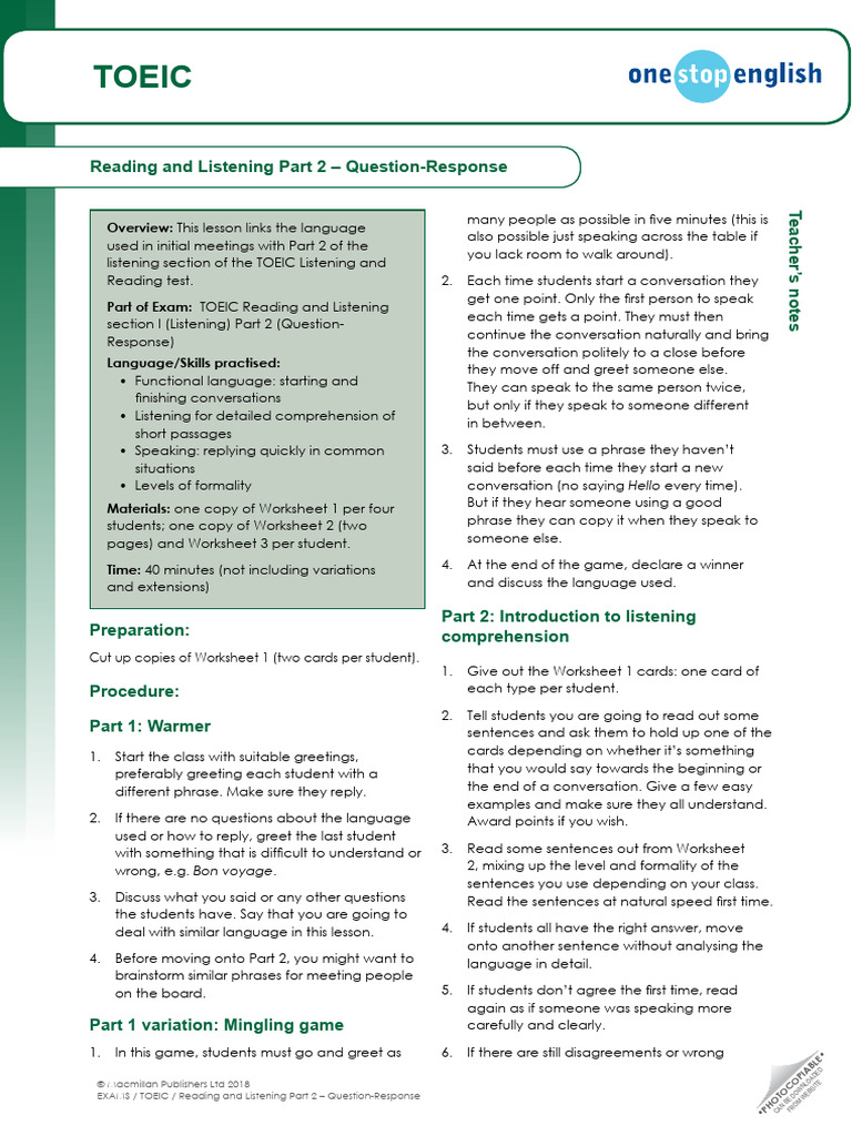 TOEIC Listening-Part-2 | Download Free PDF | Reading Comprehension | Question