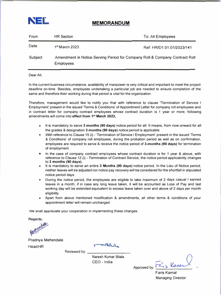 Memo-Amendment in Notice Serving Period - 1st March 2023-B | PDF | Business