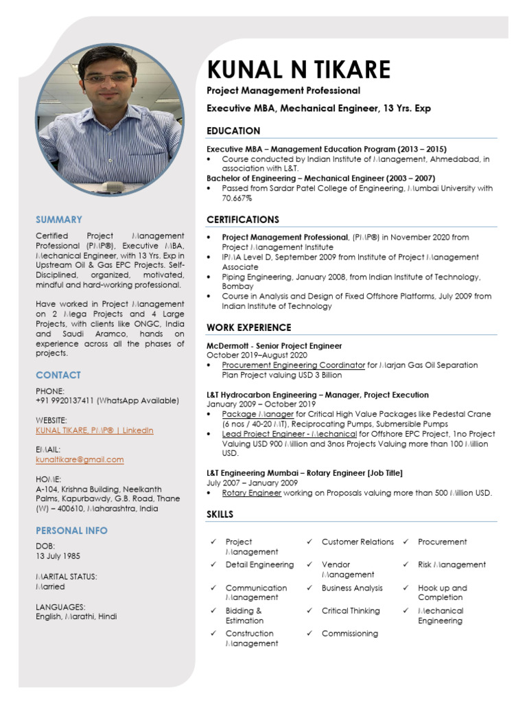 Kunal Tikare PMP MBA 13 Yrs Exp | PDF | Engineering | Business