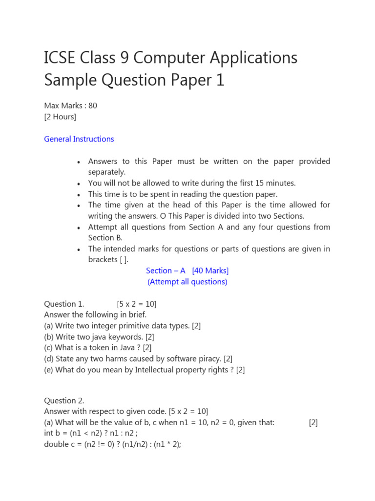 Icse Class 9 Computer Applications Sample Question Papers Pdf