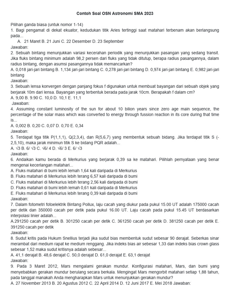 Contoh Soal OSN Astronomi SMA 2023 | PDF | Ilmu Sosial | Sains & Matematika