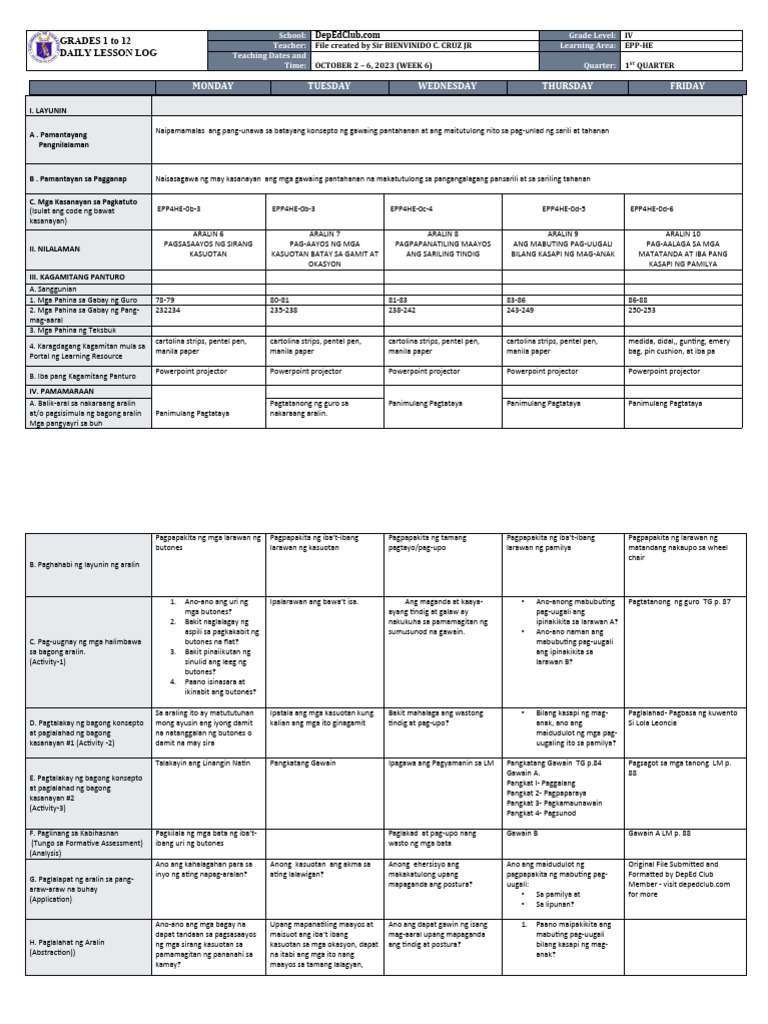 DLL - Epp-He 4 - Q1 - W6 | PDF