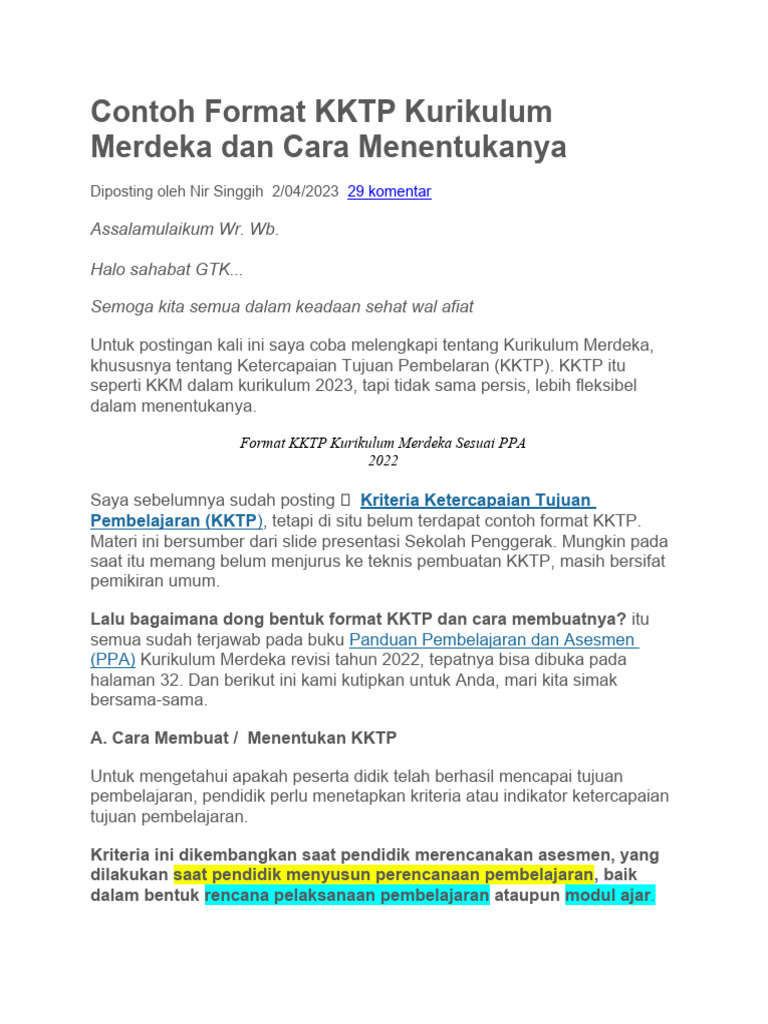 Contoh Format KKTP Kurikulum Merdeka Dan Cara Menentukanya | PDF