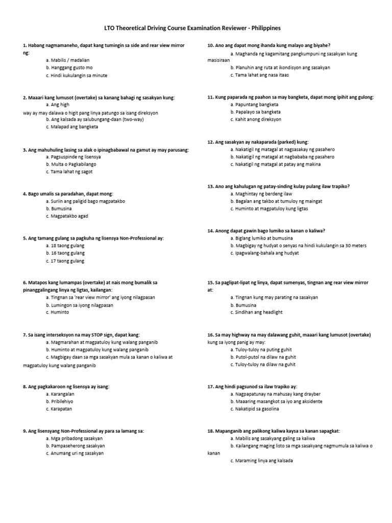 LTO TDC Exam Reviewer | PDF