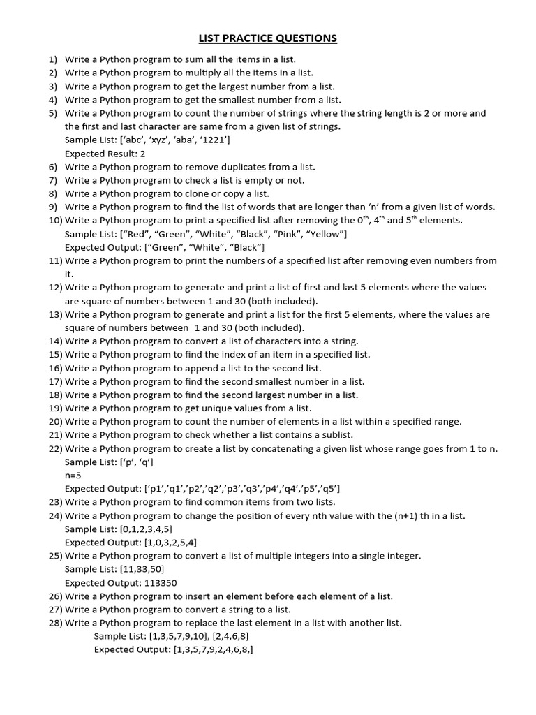 List Practice Questions | PDF