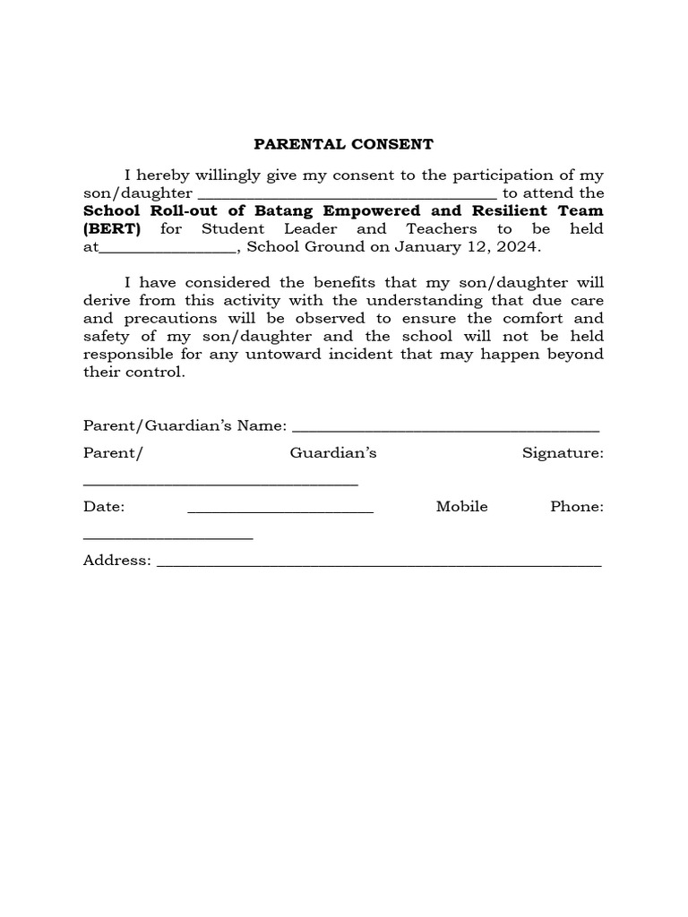 Parent Consent for School Event | PDF | Business | Wellness