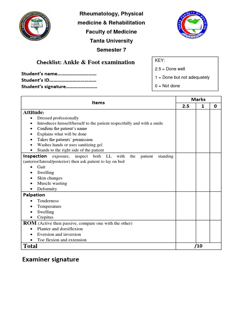 Ankle & Foot Examination Checklist | PDF
