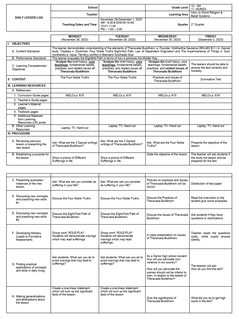 Theravada Buddhism Lesson Plan | PDF | Four Noble Truths | Noble ...
