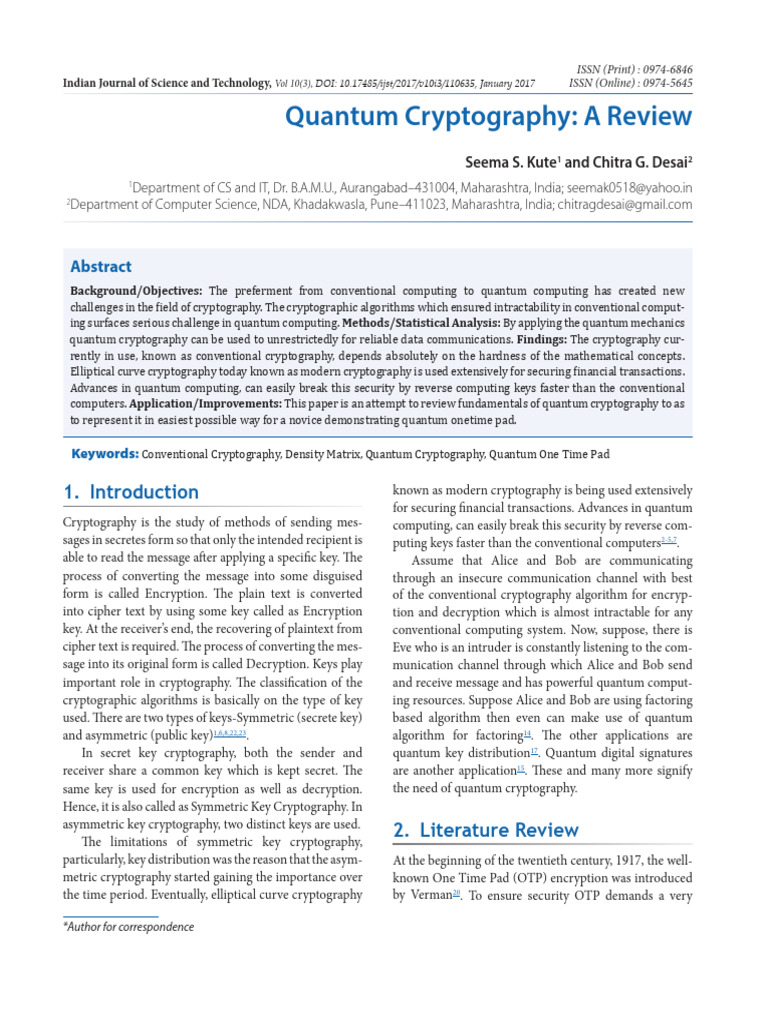 Quantum Cryptography A Review | PDF | Cryptography | Key (Cryptography)