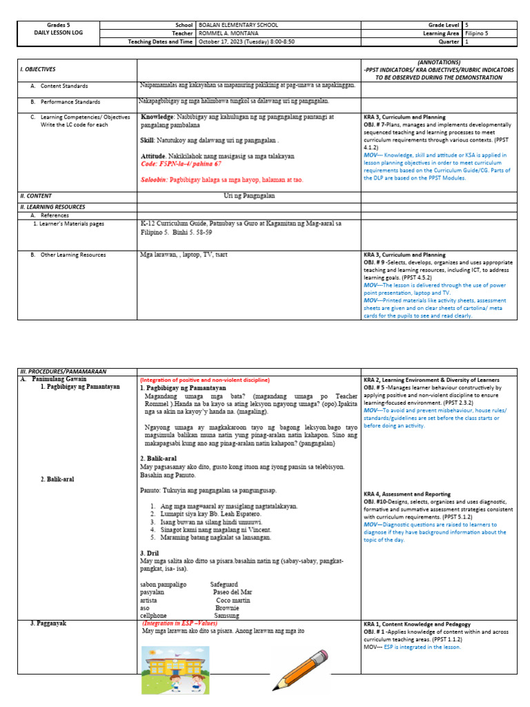 COT-in-fil 5-1st-Quarter | PDF | Curriculum | Learning
