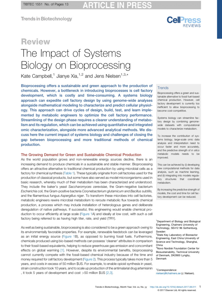 Campbell, Xia, Nielsen - 2017 - The Impact of Systems Biology On Bioprocessing | PDF | Systems ...