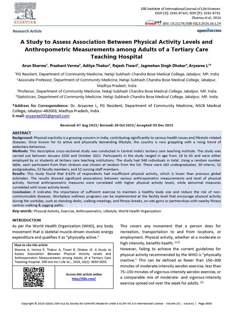 Association Physical Activity Levels Anthropometric Measurements Adults ...