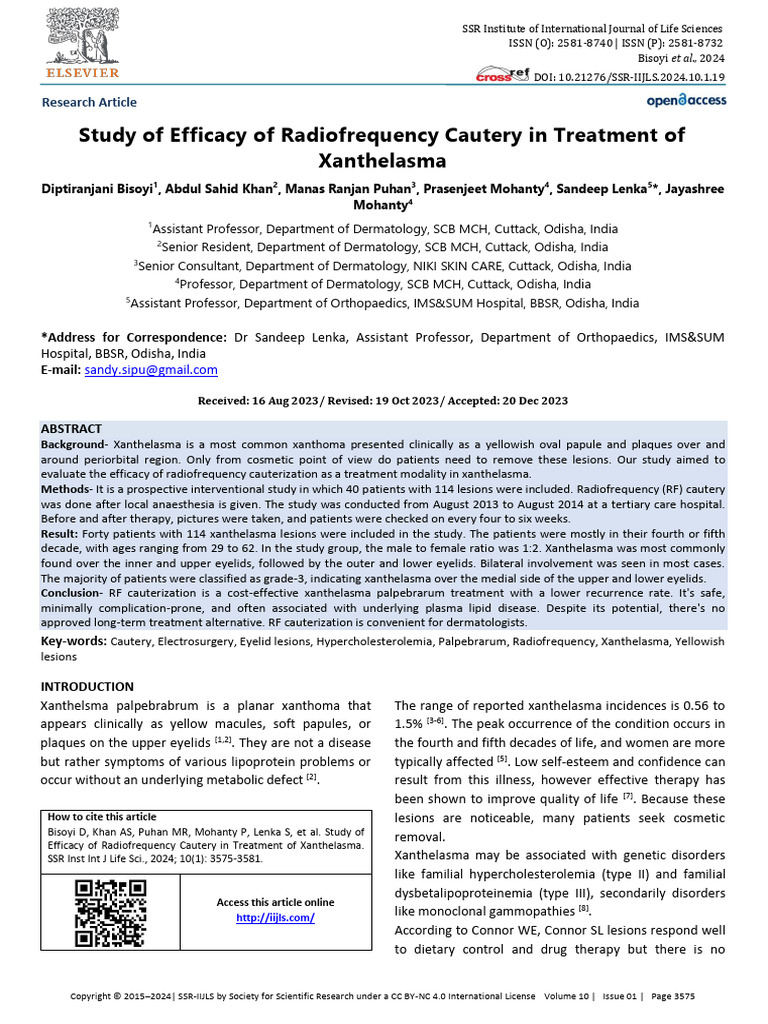 Study Efficacy Radiofrequency Cautery Treatment Xanthelasma | PDF