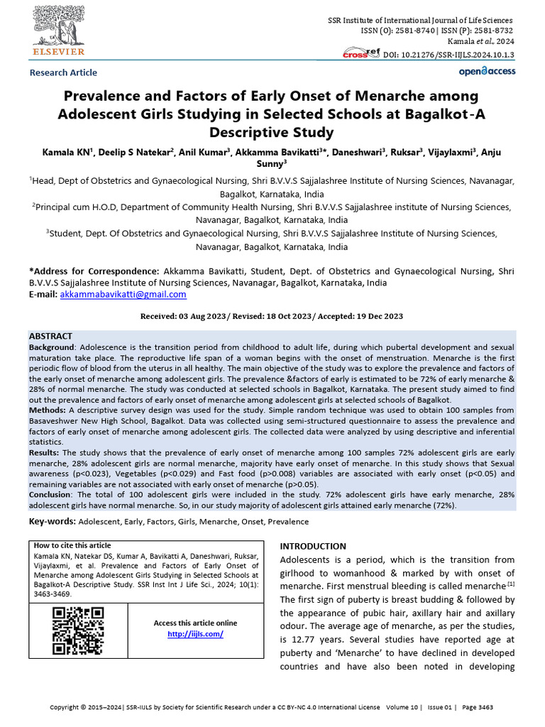 Prevalence Factors Early Onset Menarche Adolescent School Girls | PDF | Statistics | Adolescence
