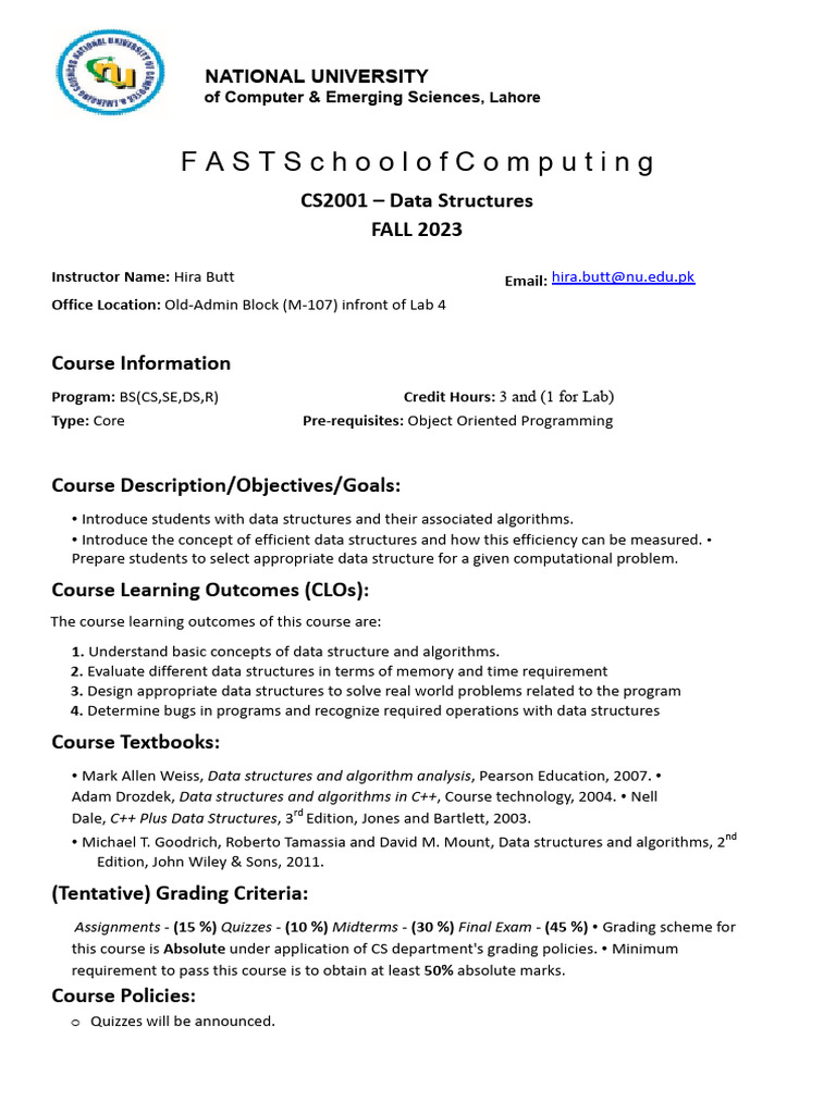 Data Structures (CS2001) Course Outline | PDF | Data | Algorithms
