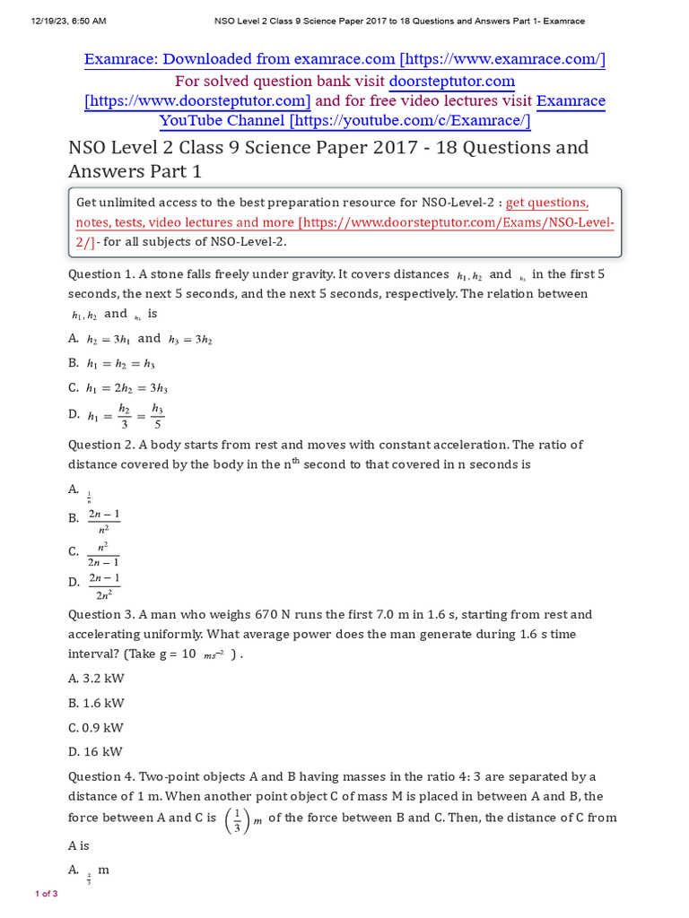 NSO Level 2 Class 9 Paper 2017 18 Part 1 | PDF | Teaching Methods & Materials | Science ...