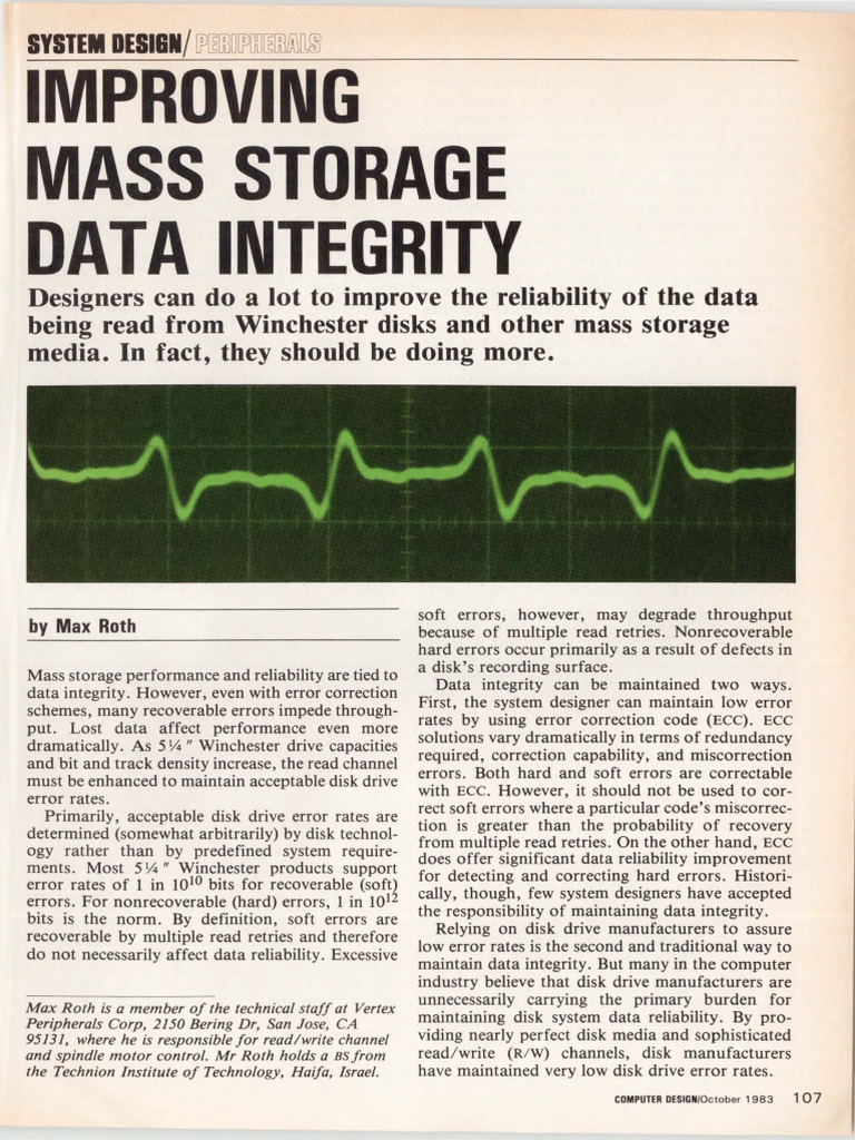 Roth Improving Mass Storage Data Integrity 198310 | PDF | Computers ...
