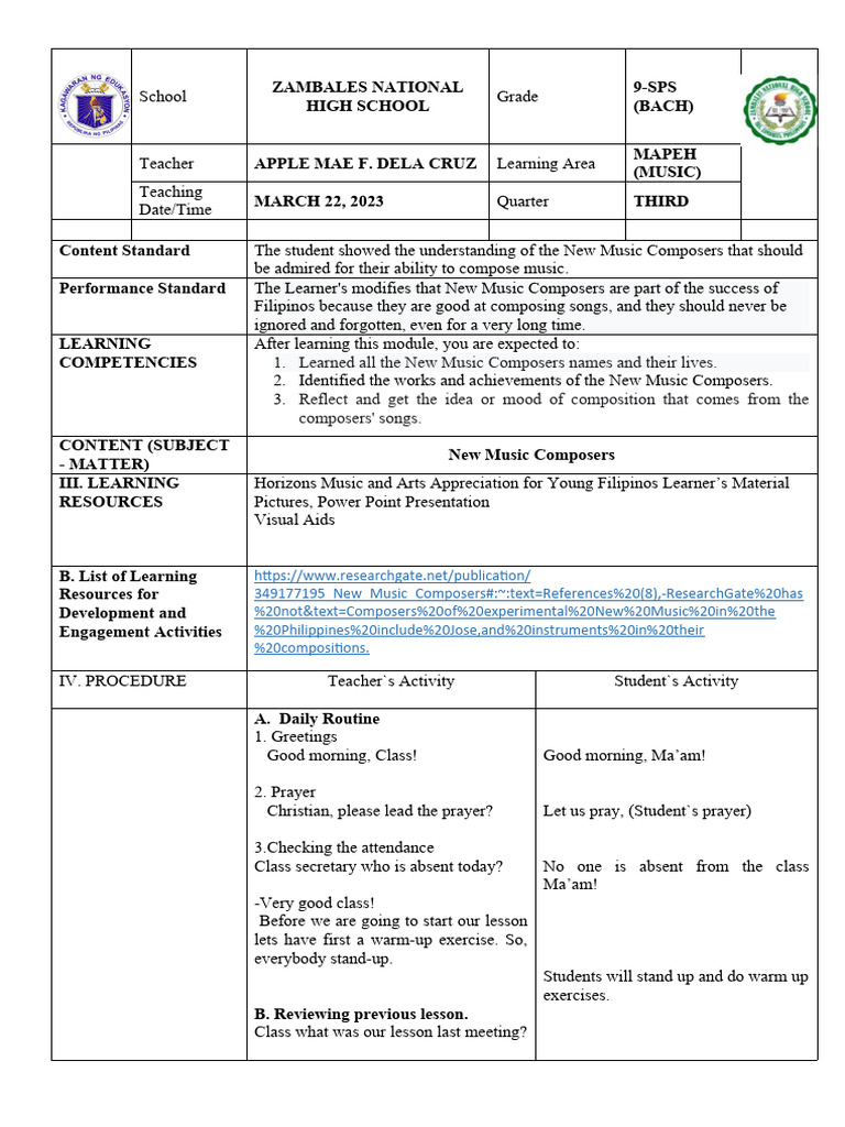 Detailed Lesson Plan New Music Composers | PDF