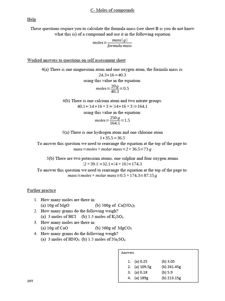 Moles Mass Formula Mass | PDF | Mole (Unit) | Sets Of Chemical Elements