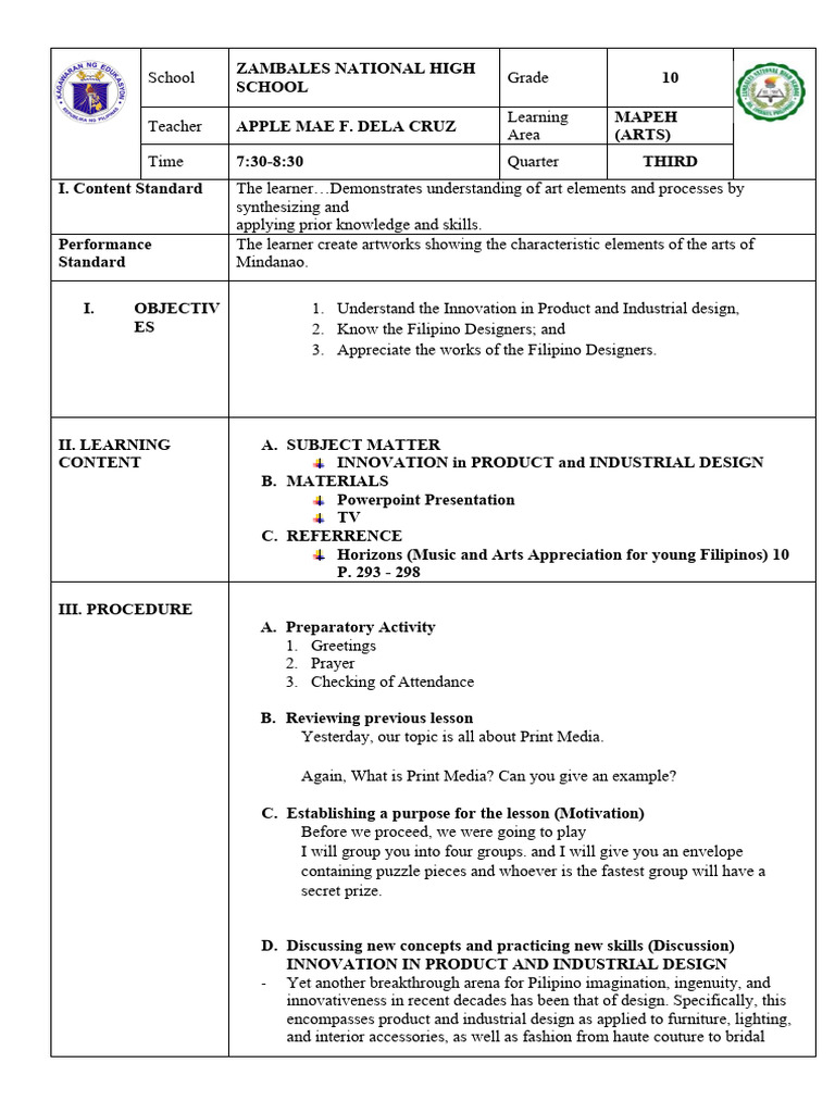 SEMI DETAILED LESSON PLAN INDUSTRIAL DESIGN | PDF | Learning | Fashion
