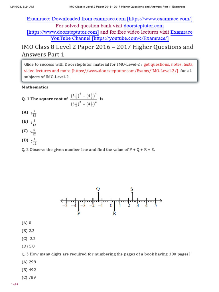 IMO Class 8 Level 2 Paper 2016 17 Part 1 | Download Free PDF | Elementary Mathematics | Mathematics