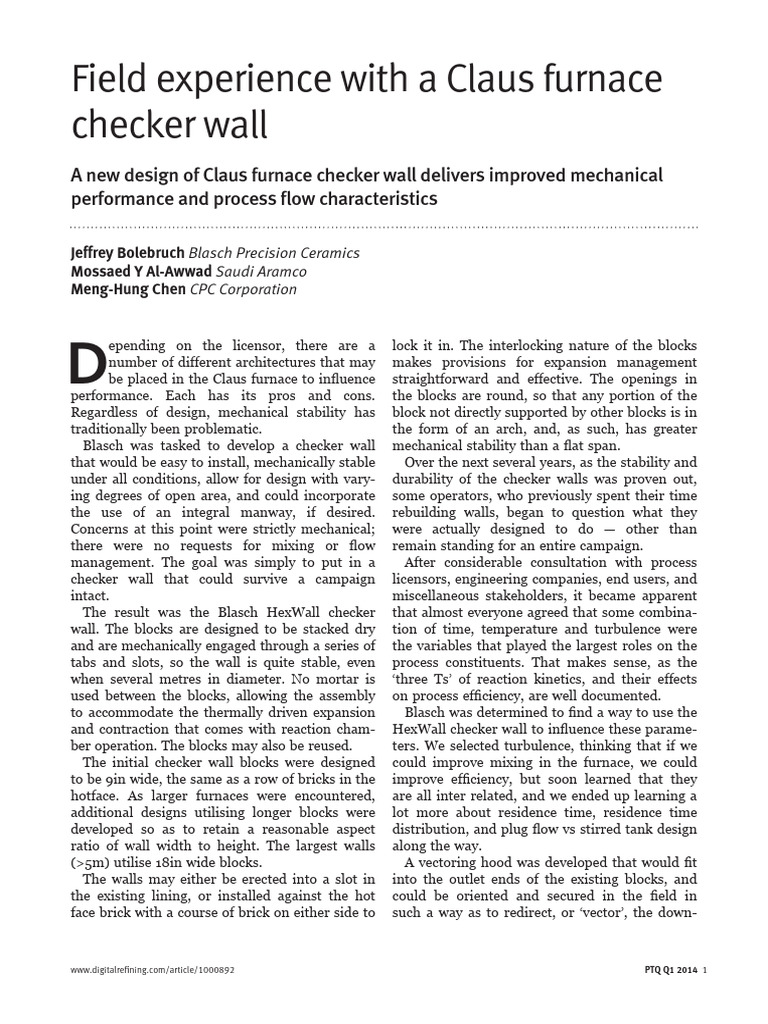 Enhanced Claus Furnace Checker Wall | PDF | Refractory | Oil Refinery