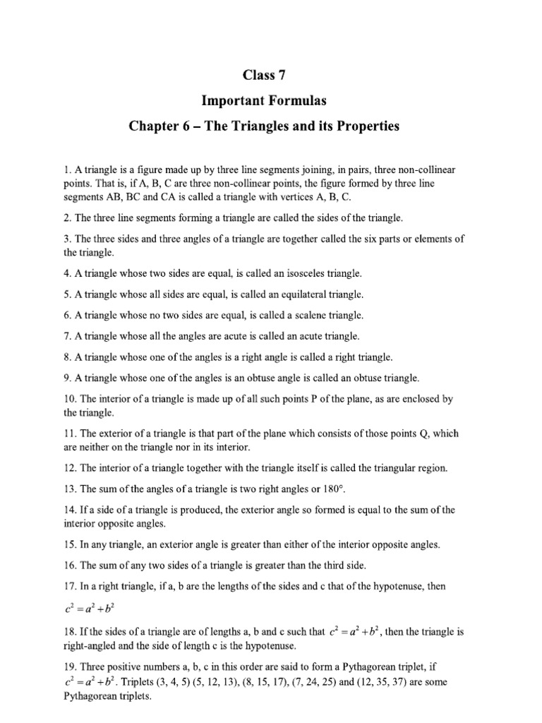 Class 7 - Math Formulas - Chapter 6 - The Triangles and Its Properties ...