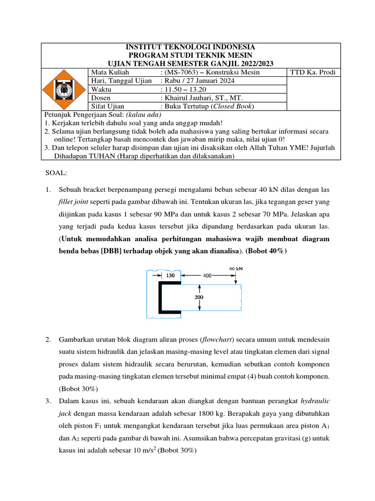 Soal Ujian UTS Konstruksi Mesin (Semester Ganjil 2023 - 2024) PKP | PDF