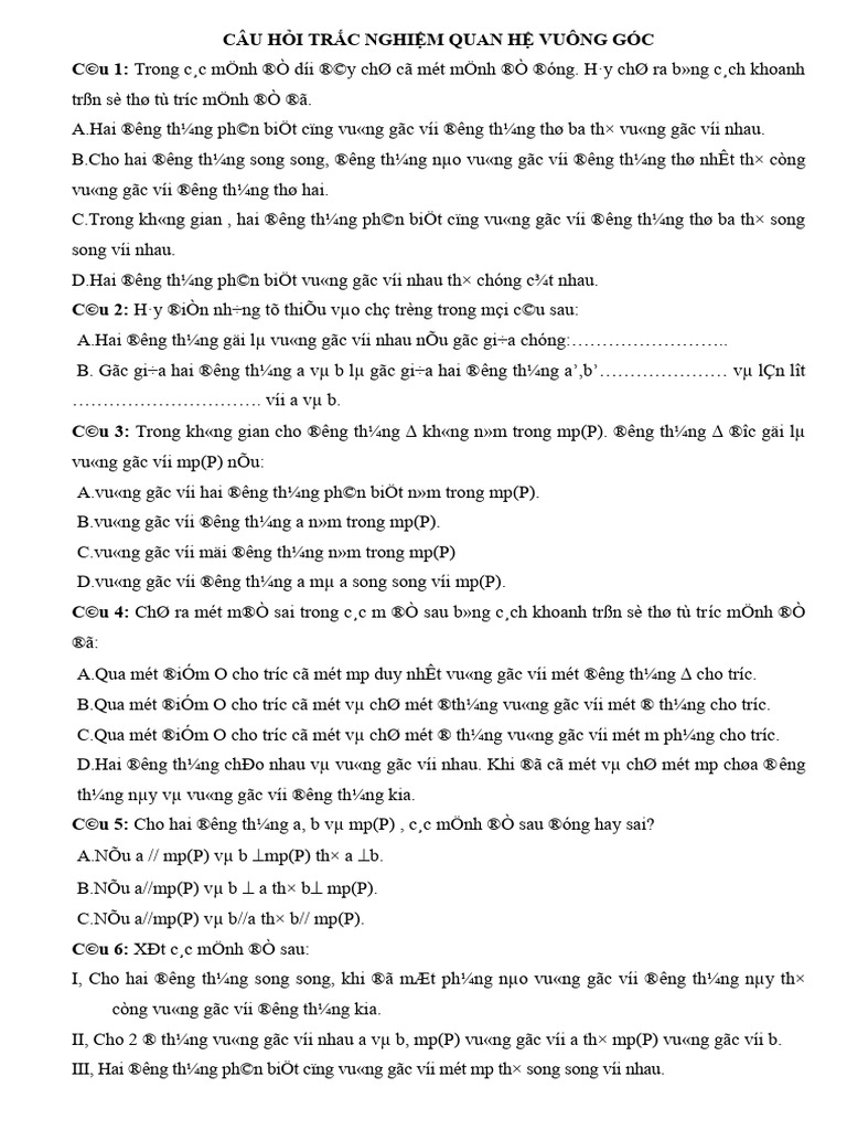 75 Cau Trac Nghiem Quan He Vuong Goc Trong Khong Gian | PDF