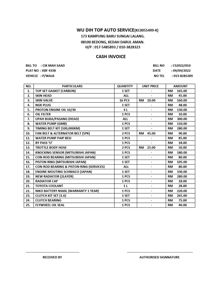 Auto Service Invoice for P/Waja | PDF