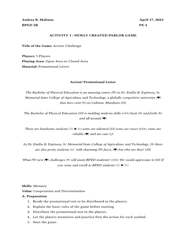 Activity 1 - Newly Created Parlor Game | PDF | Sports & Recreation