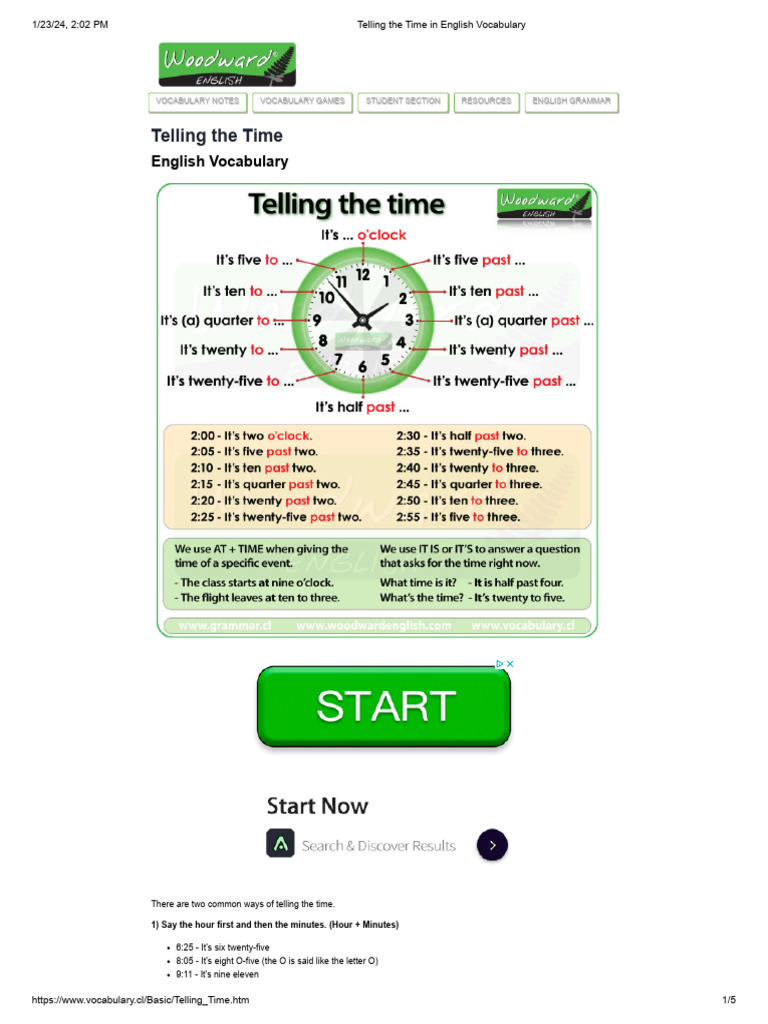 Telling the Time in English Vocabulary | PDF