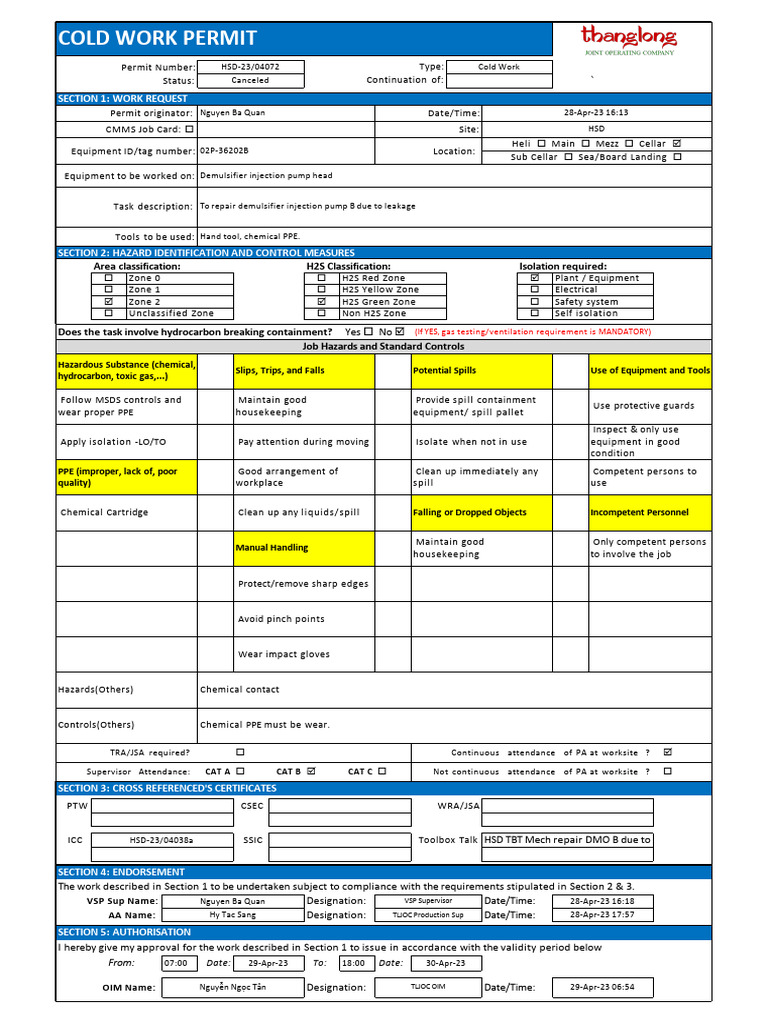 Cold Work Permit | PDF