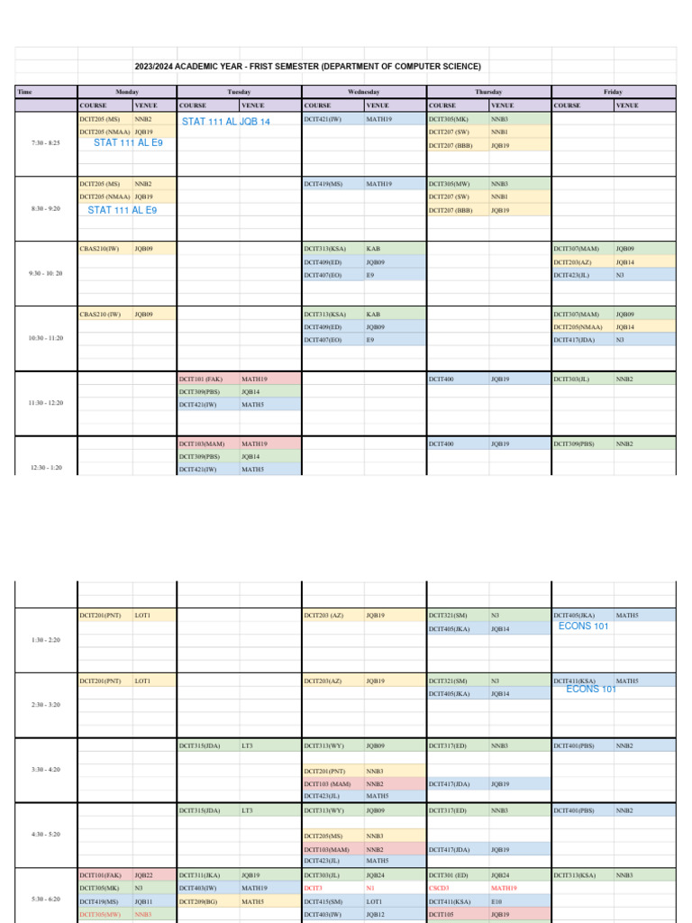 Timetable - 2023 - 2024 Academic Year - Sem 1 | PDF | Academia