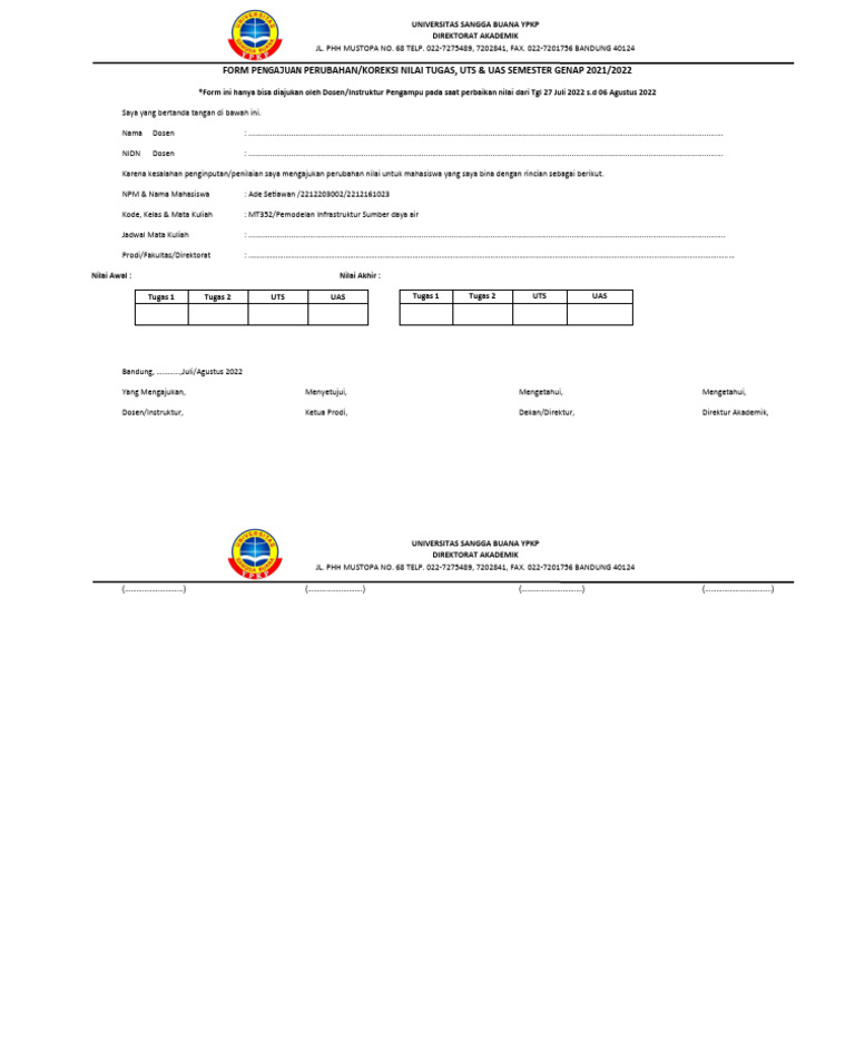 #Revisi - Form Pengajuan Perubahan Nilai - Baa - Genap 2122-1 | PDF