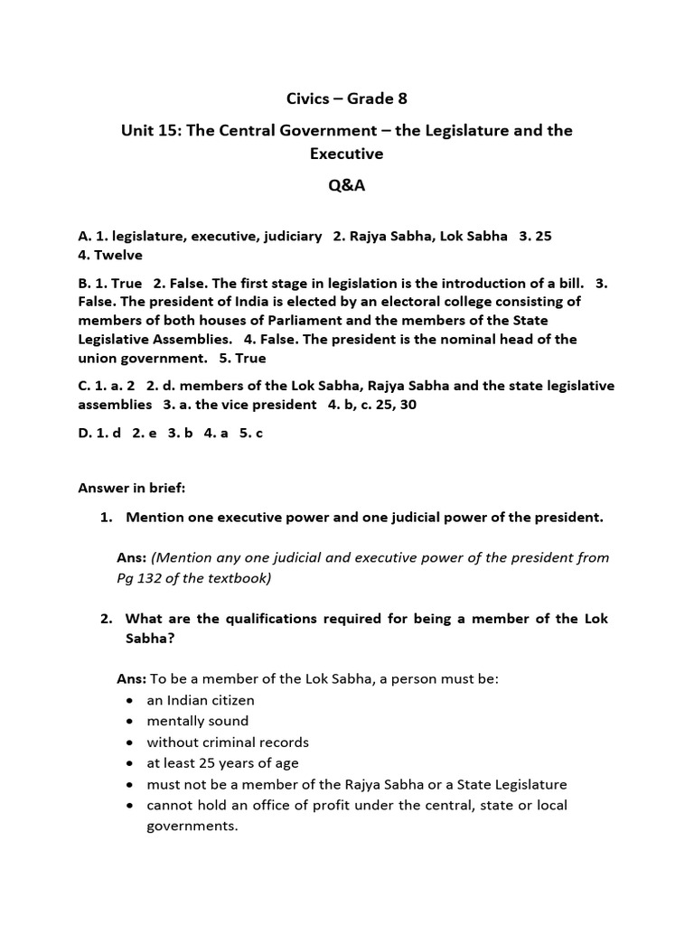 Grade 8 - Civics - Unit 15 QA | PDF | Bill (Law) | Government Of India