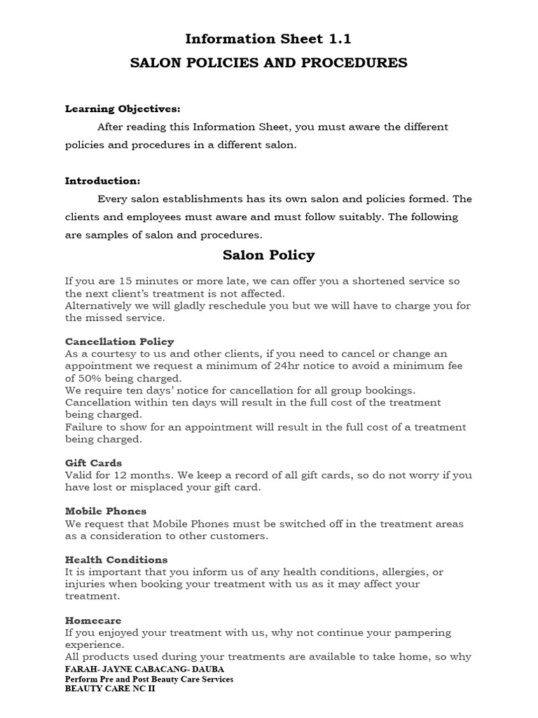 Salon Policies and Employee Guidelines | PDF